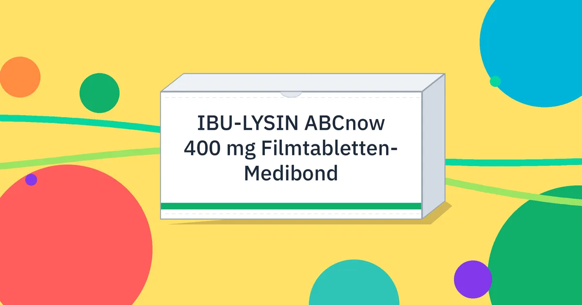 Symbolbild: Packung mit der Aufschrift IBU-LYSIN ABCnow 400 mg Filmtabletten-Medibond (PZN 19422413) – Verfügbarkeit und Bezug in Apotheken in Frankfurt am Main