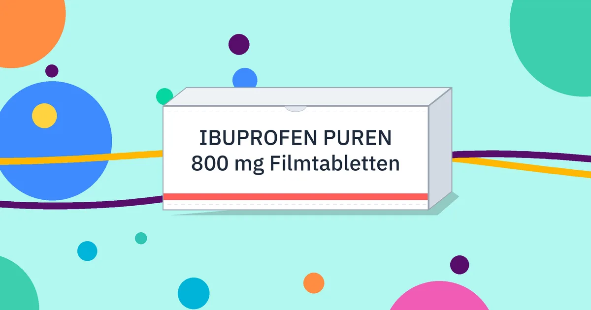 Symbolbild: Packung mit der Aufschrift IBUPROFEN PUREN 800 mg Filmtabletten (PZN 13816631) – Verfügbarkeit und Bezug in Apotheken in Frankfurt am Main