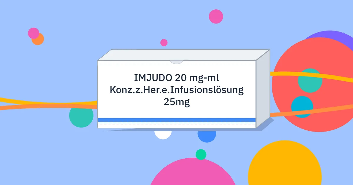 Symbolbild: Packung mit der Aufschrift IMJUDO 20 mg-ml Konz.z.Her.e.Infusionslösung 25mg (PZN 18427124) – Verfügbarkeit und Bezug in Apotheken in Frankfurt am Main