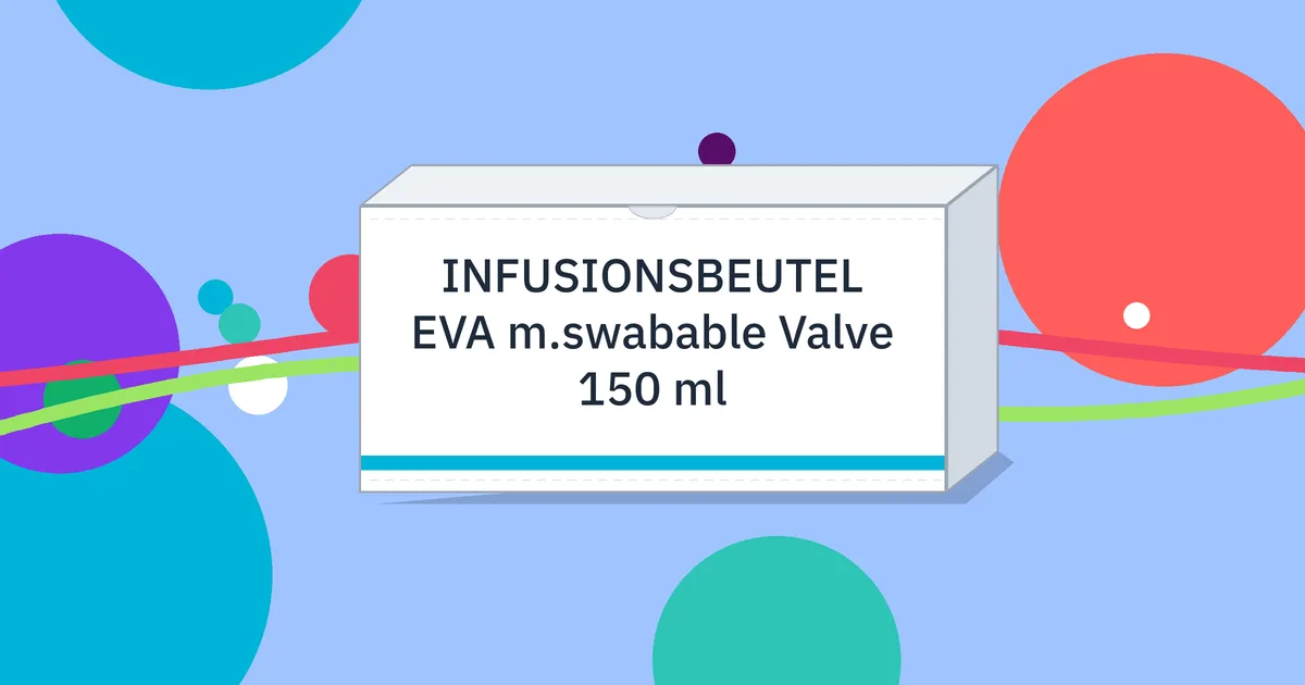 Symbolbild: Packung mit der Aufschrift INFUSIONSBEUTEL EVA m.swabable Valve 150 ml (PZN 19986848) – Verfügbarkeit und Bezug in Apotheken in Frankfurt am Main