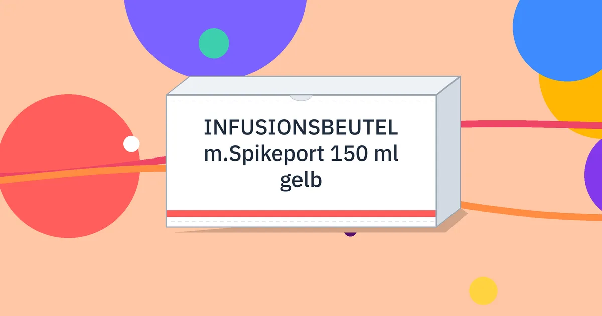 Symbolbild: Packung mit der Aufschrift INFUSIONSBEUTEL m.Spikeport 150 ml gelb (PZN 19538392) – Verfügbarkeit und Bezug in Apotheken in Frankfurt am Main