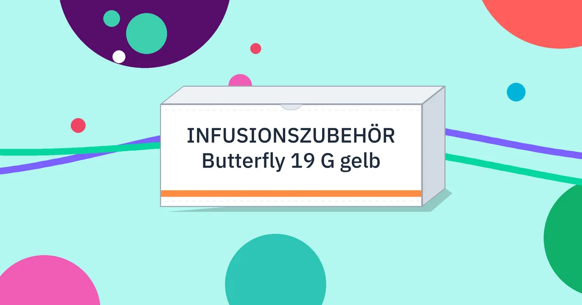 Symbolbild: Packung mit der Aufschrift INFUSIONSZUBEHÖR Butterfly 19 G gelb (PZN 09630180) – Verfügbarkeit und Bezug in Apotheken in Frankfurt am Main