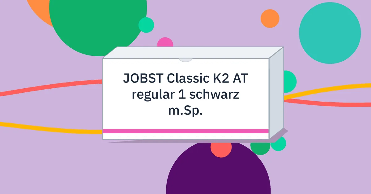 Symbolbild: Packung mit der Aufschrift JOBST Classic K2 AT regular 1 schwarz m.Sp. (PZN 11276030) – Verfügbarkeit und Bezug in Apotheken in Frankfurt am Main