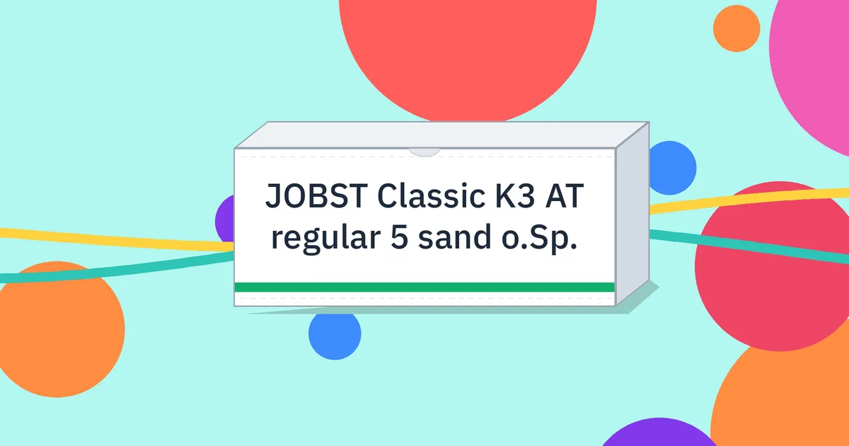 Symbolbild: Packung mit der Aufschrift JOBST Classic K3 AT regular 5 sand o.Sp. (PZN 13078297) – Verfügbarkeit und Bezug in Apotheken in Frankfurt am Main