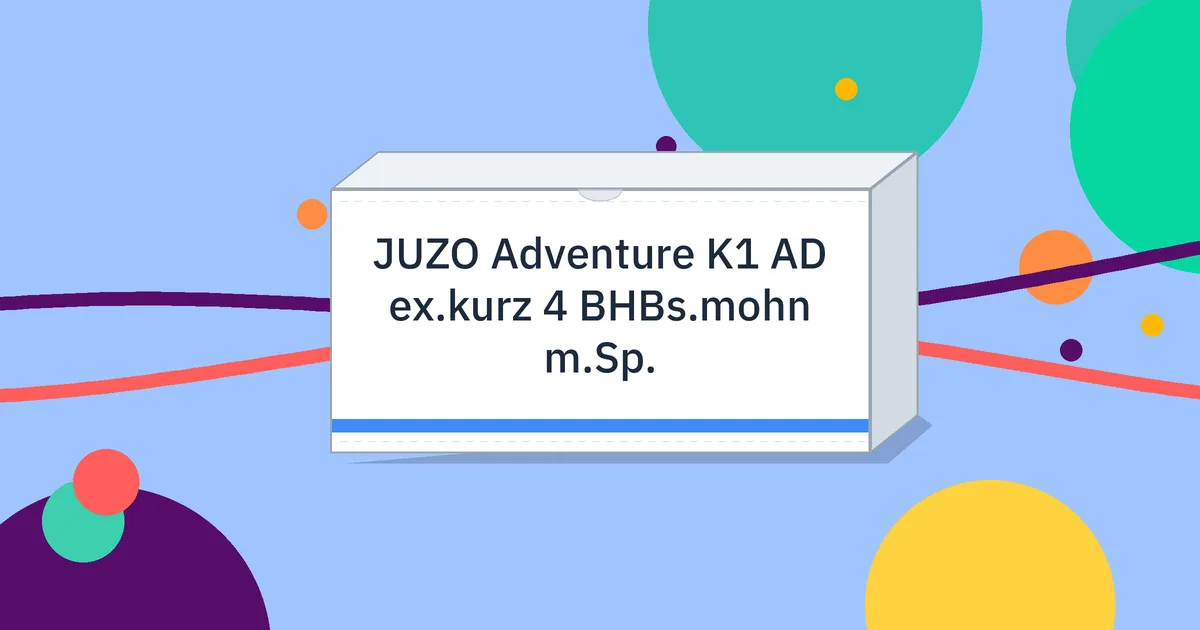 Symbolbild: Packung mit der Aufschrift JUZO Adventure K1 AD ex.kurz 4 BHBs.mohn m.Sp. (PZN 15496774) – Verfügbarkeit und Bezug in Apotheken in Frankfurt am Main