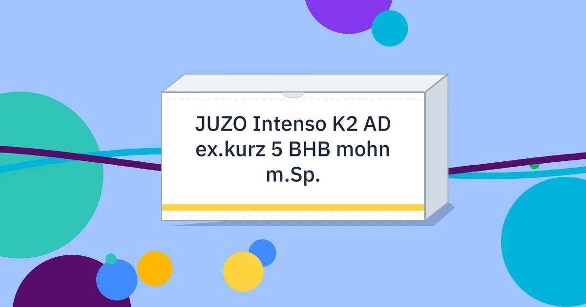 Symbolbild: Packung mit der Aufschrift JUZO Intenso K2 AD ex.kurz 5 BHB mohn m.Sp. (PZN 18615328) – Verfügbarkeit und Bezug in Apotheken in Frankfurt am Main