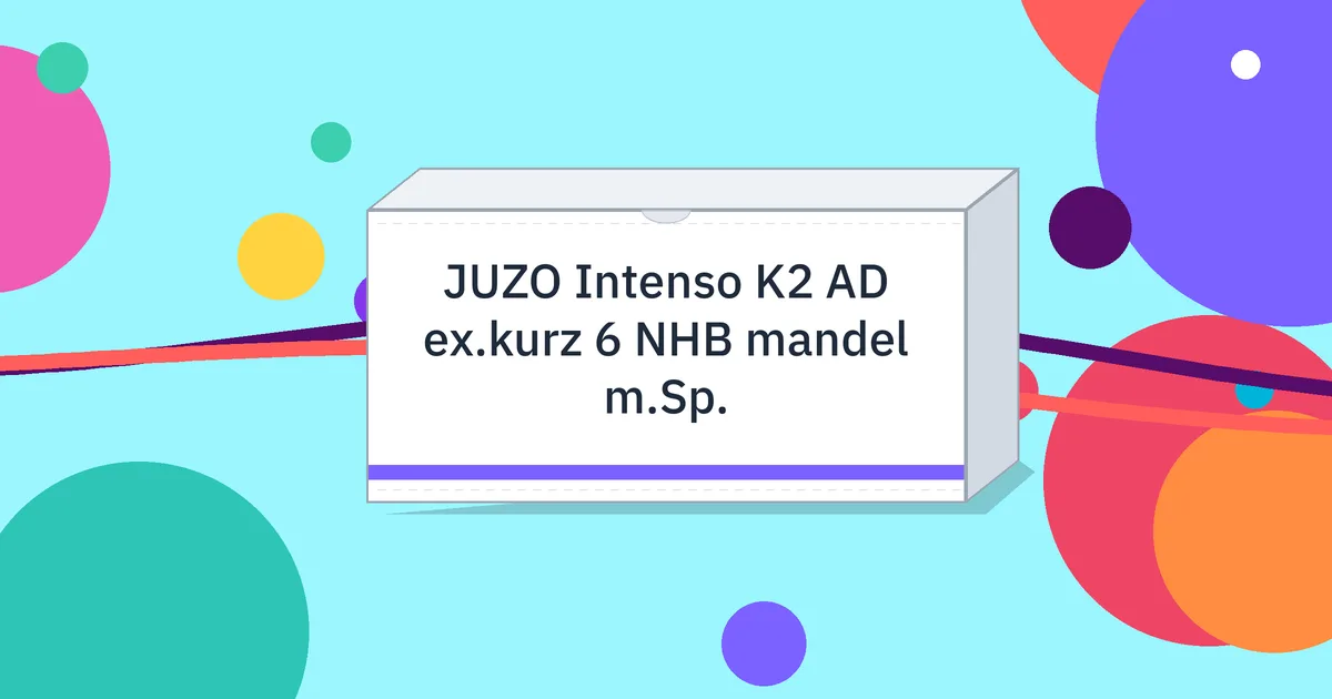 Symbolbild: Packung mit der Aufschrift JUZO Intenso K2 AD ex.kurz 6 NHB mandel m.Sp. (PZN 18611738) – Verfügbarkeit und Bezug in Apotheken in Frankfurt am Main
