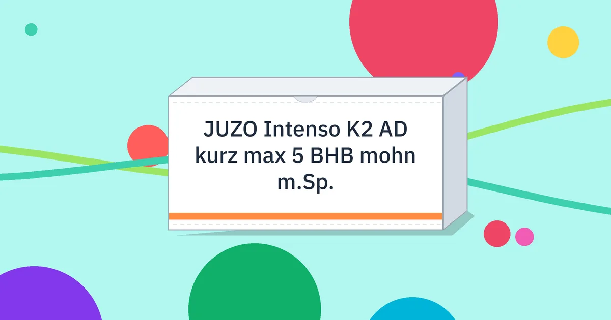 Symbolbild: Packung mit der Aufschrift JUZO Intenso K2 AD kurz max 5 BHB mohn m.Sp. (PZN 18615914) – Verfügbarkeit und Bezug in Apotheken in Frankfurt am Main