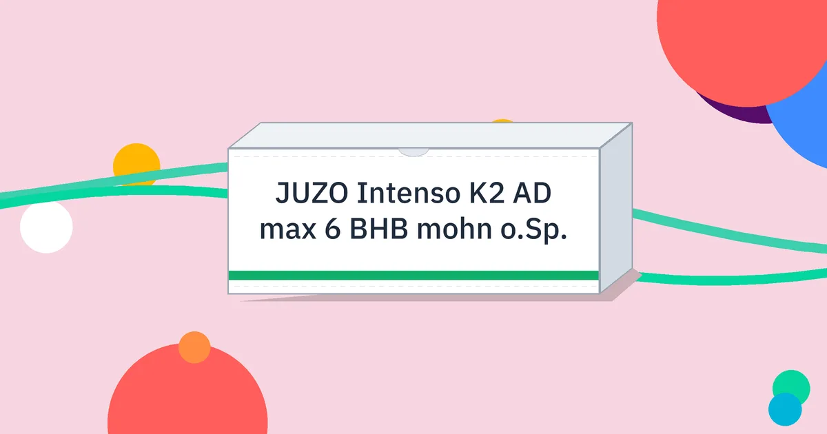 Symbolbild: Packung mit der Aufschrift JUZO Intenso K2 AD max 6 BHB mohn o.Sp. (PZN 18627030) – Verfügbarkeit und Bezug in Apotheken in Frankfurt am Main