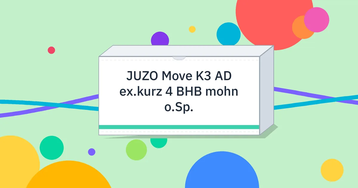 Symbolbild: Packung mit der Aufschrift JUZO Move K3 AD ex.kurz 4 BHB mohn o.Sp. (PZN 18574339) – Verfügbarkeit und Bezug in Apotheken in Frankfurt am Main