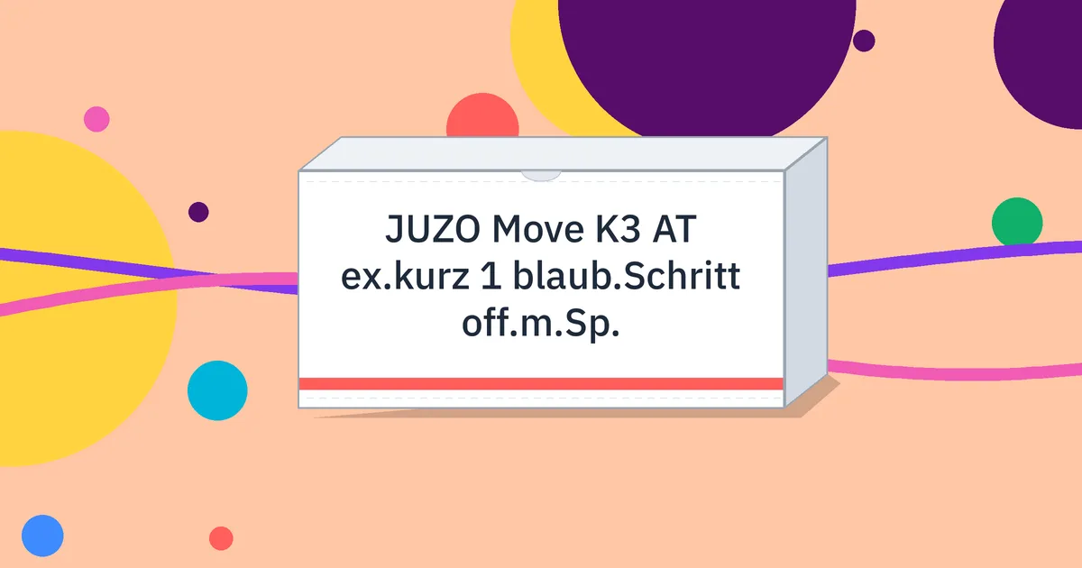 Symbolbild: Packung mit der Aufschrift JUZO Move K3 AT ex.kurz 1 blaub.Schritt off.m.Sp. (PZN 20680600) – Verfügbarkeit und Bezug in Apotheken in Frankfurt am Main