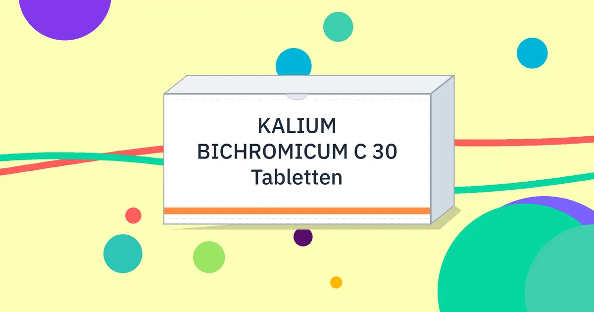 Symbolbild: Packung mit der Aufschrift KALIUM BICHROMICUM C 30 Tabletten (PZN 07141703) – Verfügbarkeit und Bezug in Apotheken in Frankfurt am Main