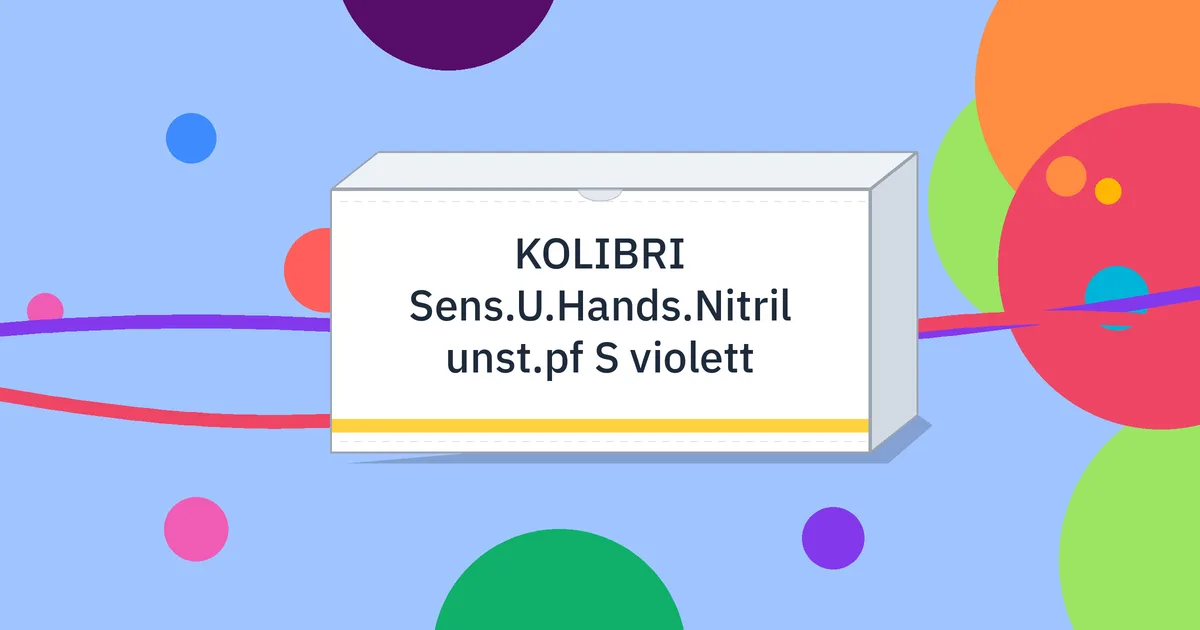 Symbolbild: Packung mit der Aufschrift KOLIBRI Sens.U.Hands.Nitril unst.pf S violett (PZN 18891488) – Verfügbarkeit und Bezug in Apotheken in Frankfurt am Main