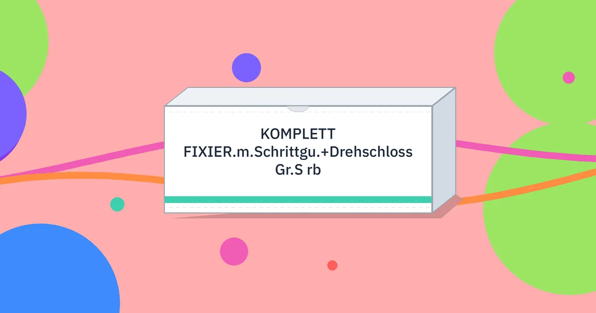 Symbolbild: Packung mit der Aufschrift KOMPLETT FIXIER.m.Schrittgu.+Drehschloss Gr.S rb (PZN 11573294) – Verfügbarkeit und Bezug in Apotheken in Frankfurt am Main