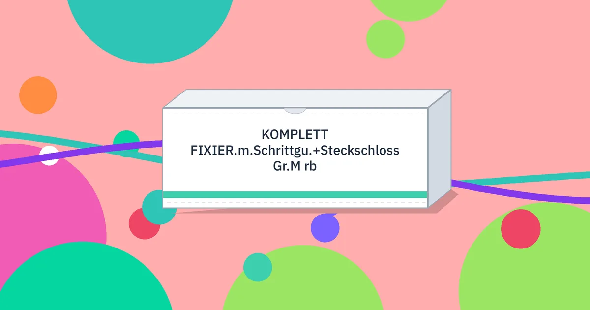 Symbolbild: Packung mit der Aufschrift KOMPLETT FIXIER.m.Schrittgu.+Steckschloss Gr.M rb (PZN 11573526) – Verfügbarkeit und Bezug in Apotheken in Frankfurt am Main