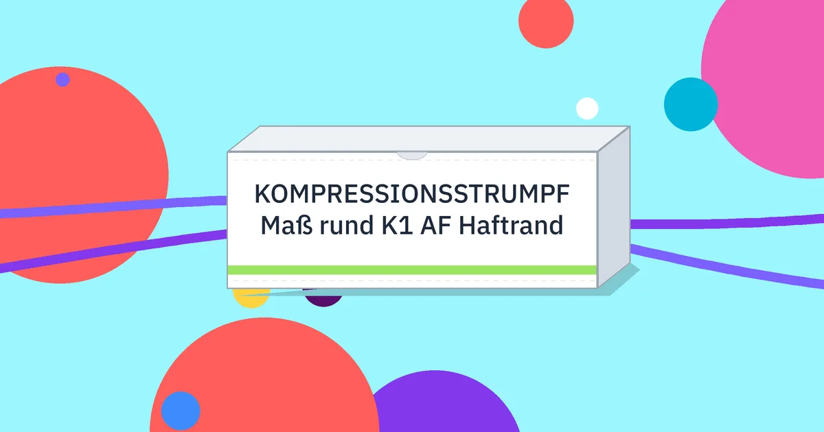 Symbolbild: Packung mit der Aufschrift KOMPRESSIONSSTRUMPF Maß rund K1 AF Haftrand (PZN 04774916) – Verfügbarkeit und Bezug in Apotheken in Frankfurt am Main