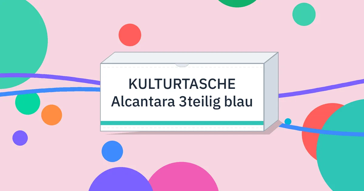 Symbolbild: Packung mit der Aufschrift KULTURTASCHE Alcantara 3teilig blau (PZN 18390243) – Verfügbarkeit und Bezug in Apotheken in Frankfurt am Main