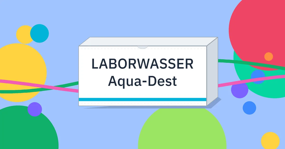 Symbolbild: Packung mit der Aufschrift LABORWASSER Aqua-Dest (PZN 16034194) – Verfügbarkeit und Bezug in Apotheken in Frankfurt am Main