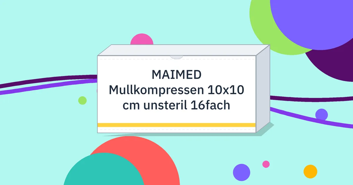 Symbolbild: Packung mit der Aufschrift MAIMED Mullkompressen 10x10 cm unsteril 16fach (PZN 01242722) – Verfügbarkeit und Bezug in Apotheken in Frankfurt am Main