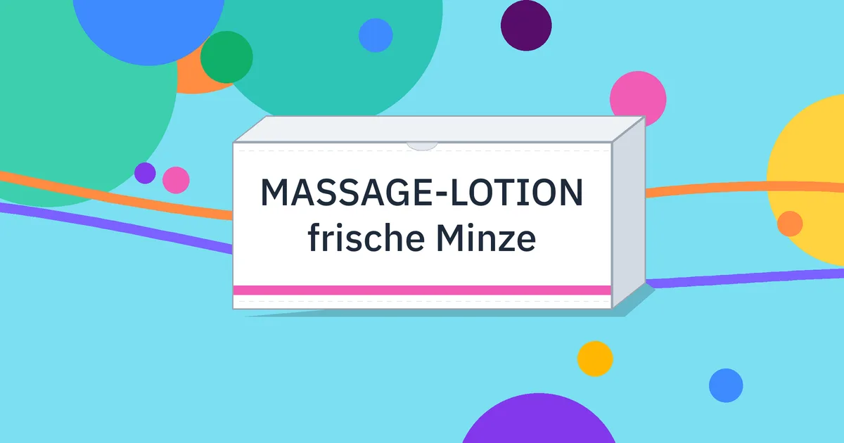 Symbolbild: Packung mit der Aufschrift MASSAGE-LOTION frische Minze (PZN 11195484) – Verfügbarkeit und Bezug in Apotheken in Frankfurt am Main