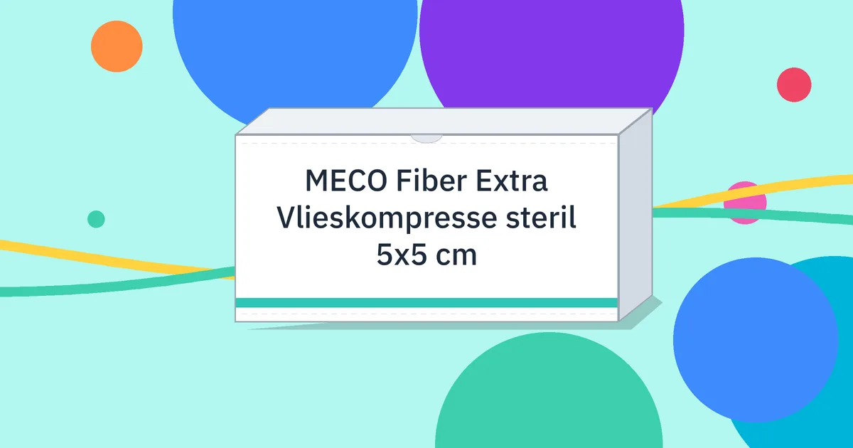 Symbolbild: Packung mit der Aufschrift MECO Fiber Extra Vlieskompresse steril 5x5 cm (PZN 19777346) – Verfügbarkeit und Bezug in Apotheken in Frankfurt am Main