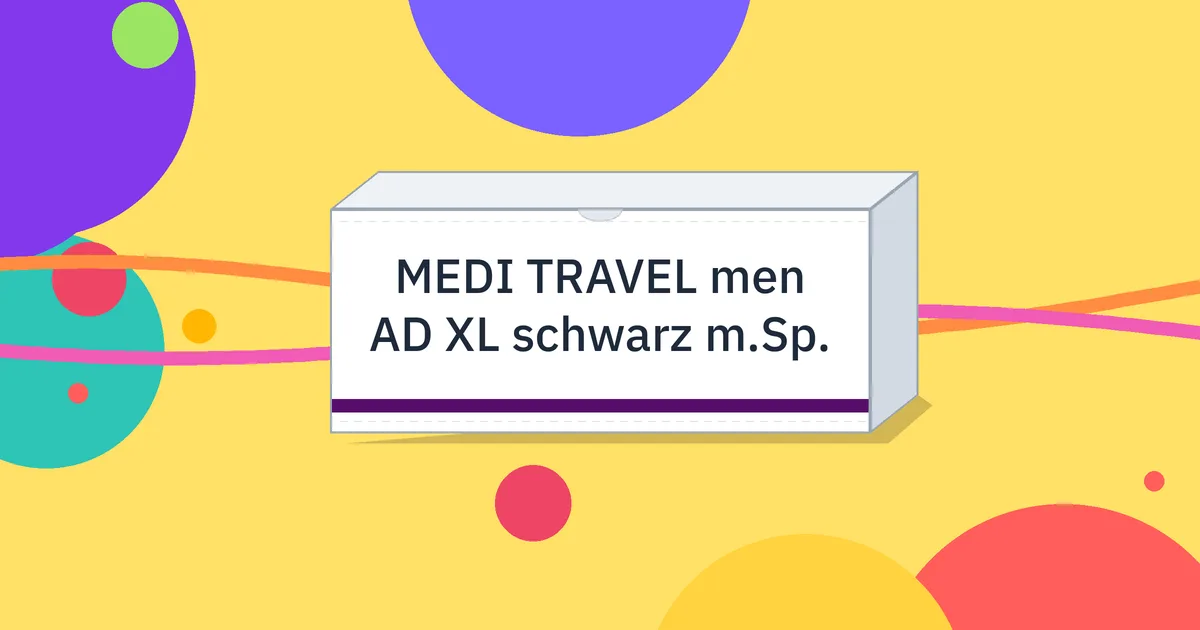 Symbolbild: Packung mit der Aufschrift MEDI TRAVEL men AD XL schwarz m.Sp. (PZN 07669574) – Verfügbarkeit und Bezug in Apotheken in Frankfurt am Main