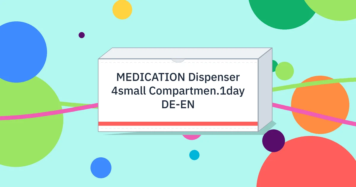 Symbolbild: Packung mit der Aufschrift MEDICATION Dispenser 4small Compartmen.1day DE-EN (PZN 20588171) – Verfügbarkeit und Bezug in Apotheken in Frankfurt am Main
