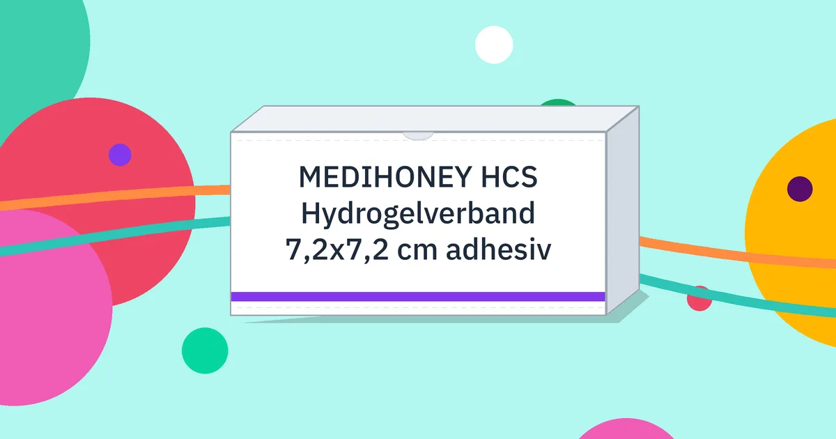 Symbolbild: Packung mit der Aufschrift MEDIHONEY HCS Hydrogelverband 7,2x7,2 cm adhesiv (PZN 07241988) – Verfügbarkeit und Bezug in Apotheken in Frankfurt am Main