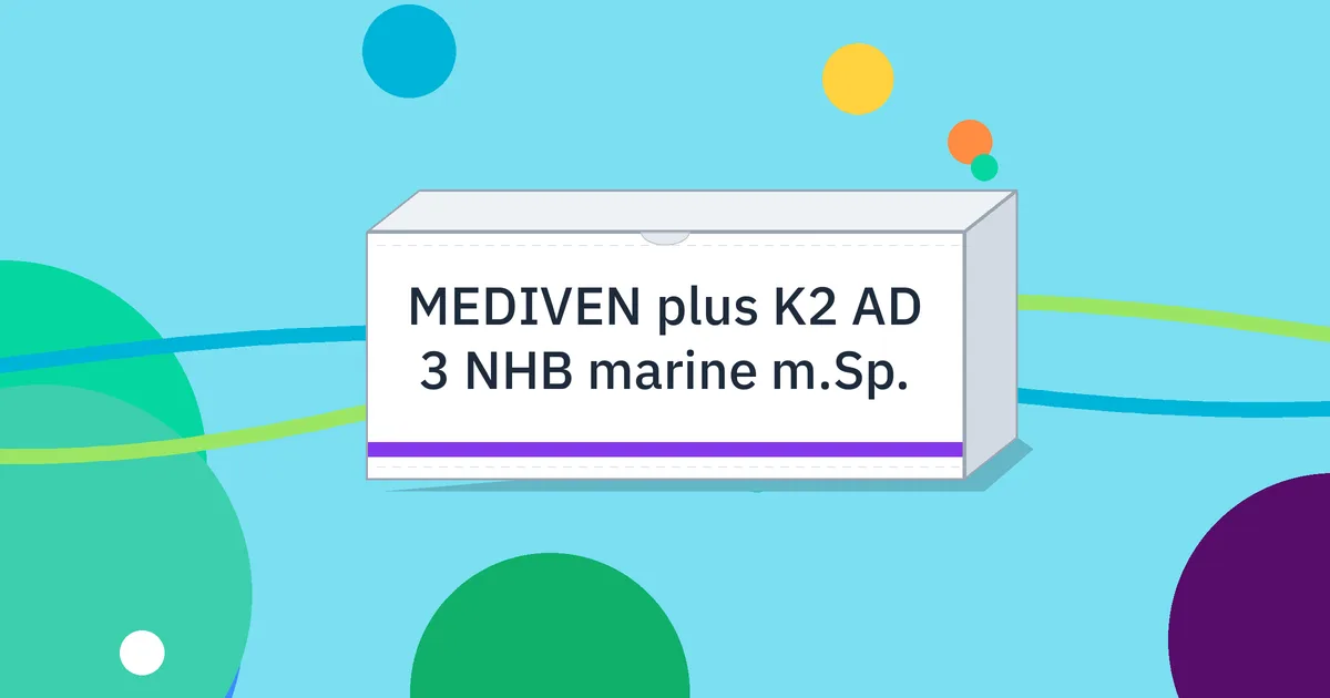 Symbolbild: Packung mit der Aufschrift MEDIVEN plus K2 AD 3 NHB marine m.Sp. (PZN 15937505) – Verfügbarkeit und Bezug in Apotheken in Frankfurt am Main