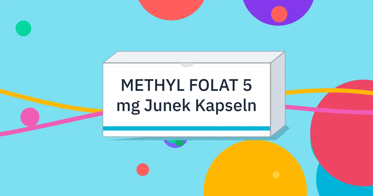 Symbolbild: Packung mit der Aufschrift METHYL FOLAT 5 mg Junek Kapseln (PZN 20051844) – Verfügbarkeit und Bezug in Apotheken in Frankfurt am Main