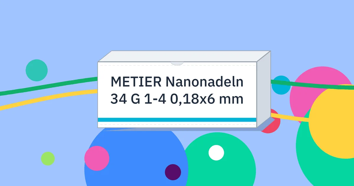 Symbolbild: Packung mit der Aufschrift METIER Nanonadeln 34 G 1-4 0,18x6 mm (PZN 18788980) – Verfügbarkeit und Bezug in Apotheken in Frankfurt am Main
