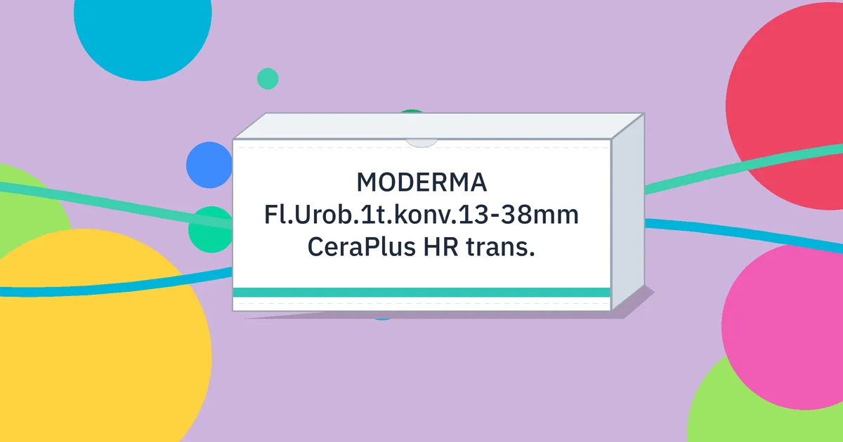 Symbolbild: Packung mit der Aufschrift MODERMA Fl.Urob.1t.konv.13-38mm CeraPlus HR trans. (PZN 16243130) – Verfügbarkeit und Bezug in Apotheken in Frankfurt am Main