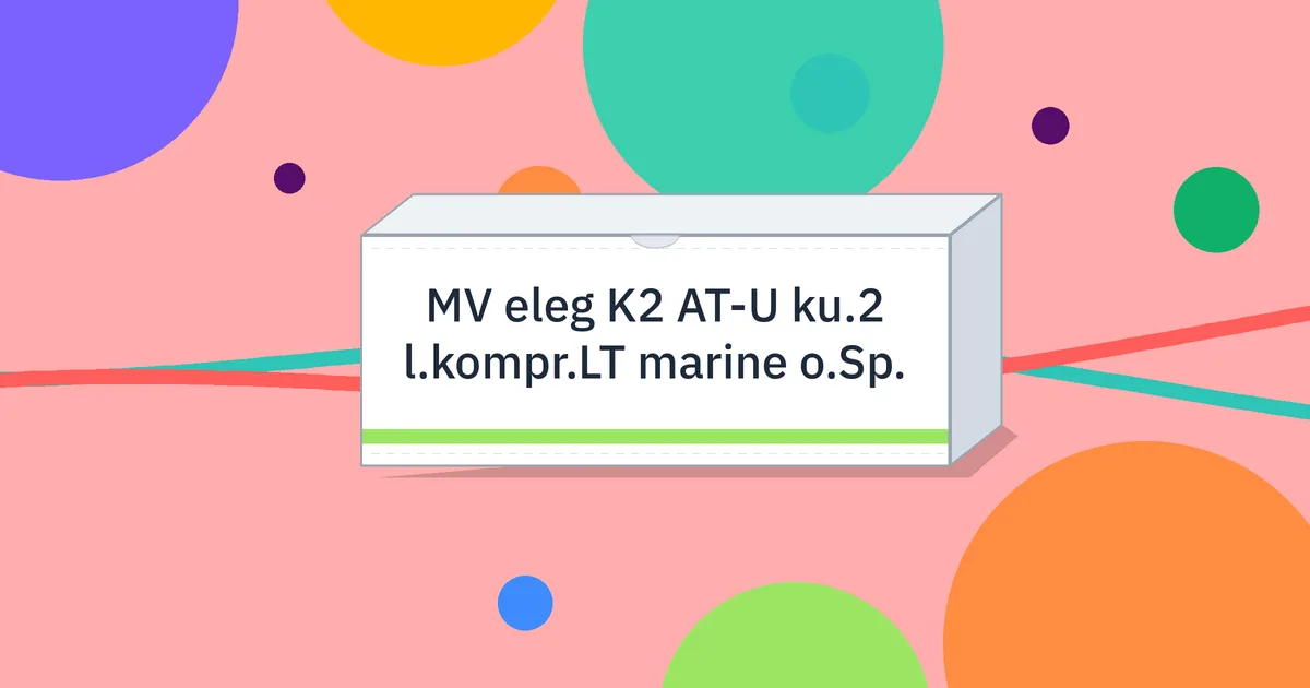 Symbolbild: Packung mit der Aufschrift MV eleg K2 AT-U ku.2 l.kompr.LT marine o.Sp. (PZN 14597036) – Verfügbarkeit und Bezug in Apotheken in Frankfurt am Main