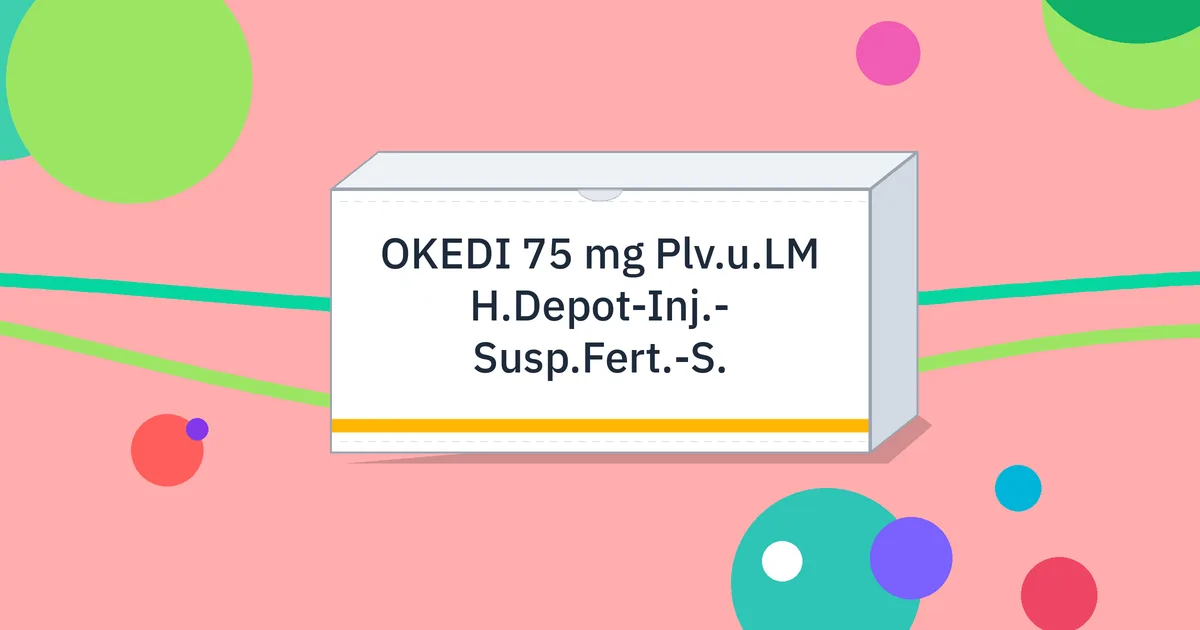 Symbolbild: Packung mit der Aufschrift OKEDI 75 mg Plv.u.LM H.Depot-Inj.-Susp.Fert.-S. (PZN 18863061) – Verfügbarkeit und Bezug in Apotheken in Frankfurt am Main