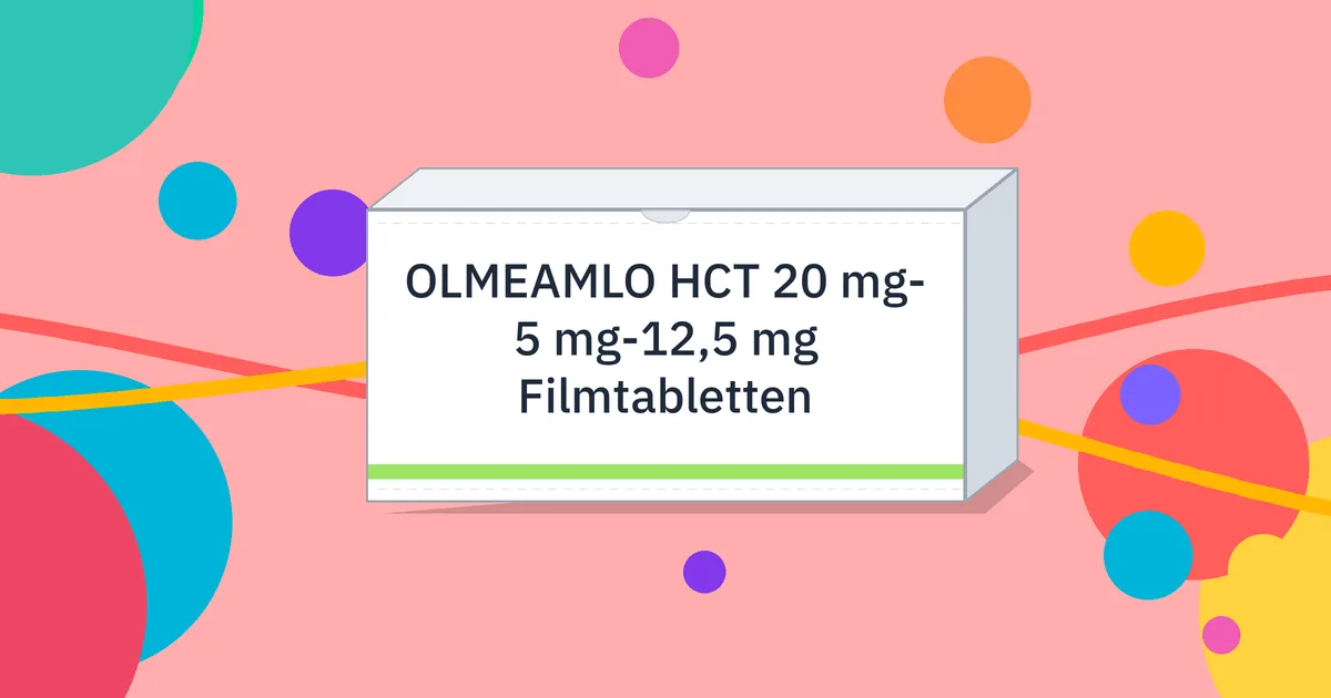 Symbolbild: Packung mit der Aufschrift OLMEAMLO HCT 20 mg-5 mg-12,5 mg Filmtabletten (PZN 16784570) – Verfügbarkeit und Bezug in Apotheken in Frankfurt am Main