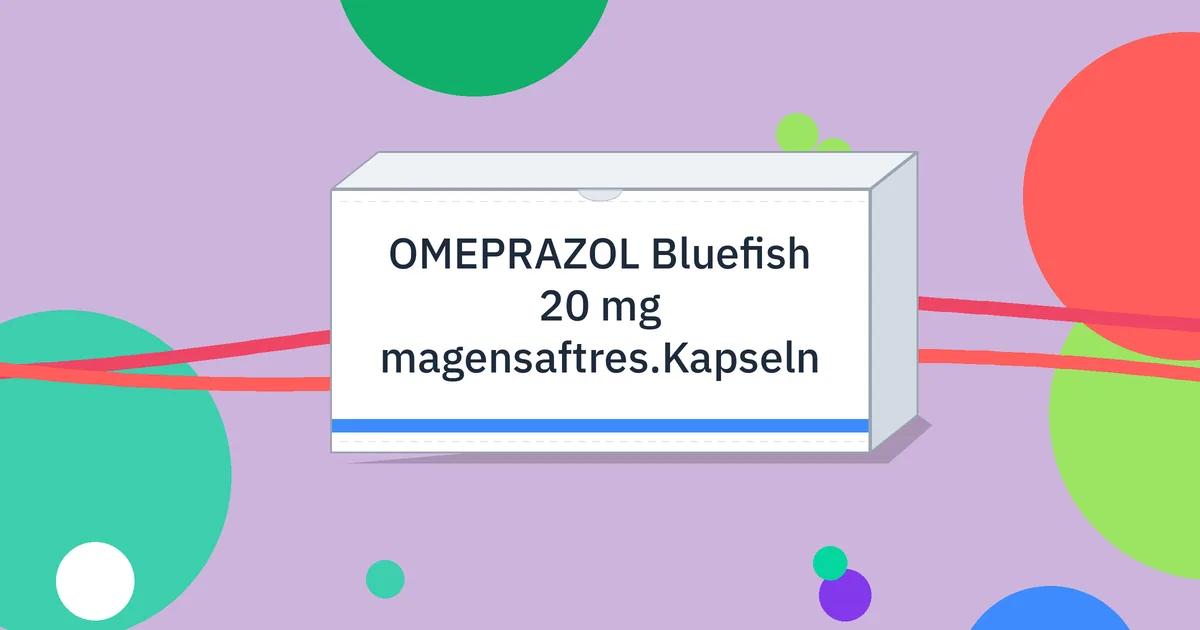 Symbolbild: Packung mit der Aufschrift OMEPRAZOL Bluefish 20 mg magensaftres.Kapseln (PZN 06880640) – Verfügbarkeit und Bezug in Apotheken in Frankfurt am Main