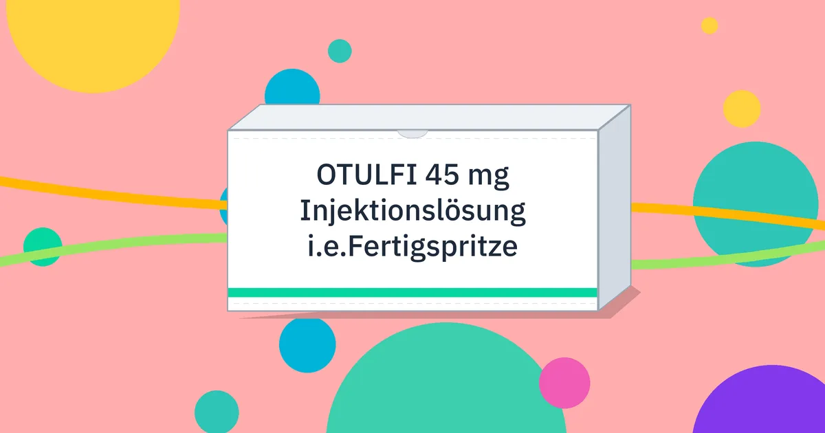 Symbolbild: Packung mit der Aufschrift OTULFI 45 mg Injektionslösung i.e.Fertigspritze (PZN 19844864) – Verfügbarkeit und Bezug in Apotheken in Frankfurt am Main