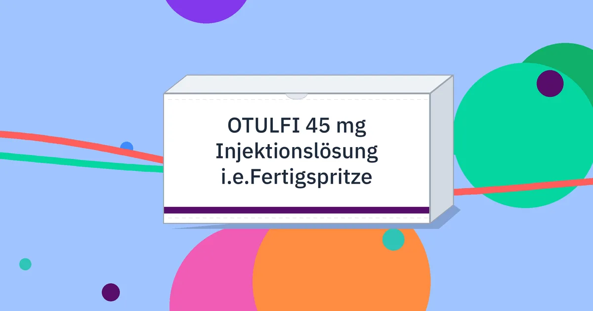 Symbolbild: Packung mit der Aufschrift OTULFI 45 mg Injektionslösung i.e.Fertigspritze (PZN 20411627) – Verfügbarkeit und Bezug in Apotheken in Frankfurt am Main