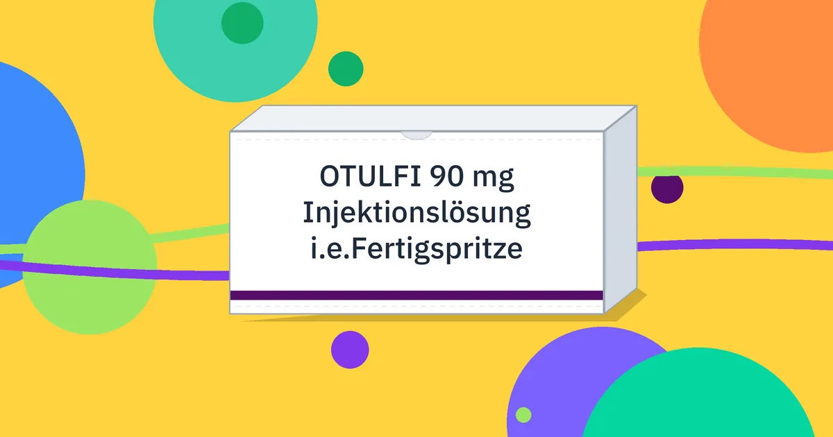 Symbolbild: Packung mit der Aufschrift OTULFI 90 mg Injektionslösung i.e.Fertigspritze (PZN 20578267) – Verfügbarkeit und Bezug in Apotheken in Frankfurt am Main