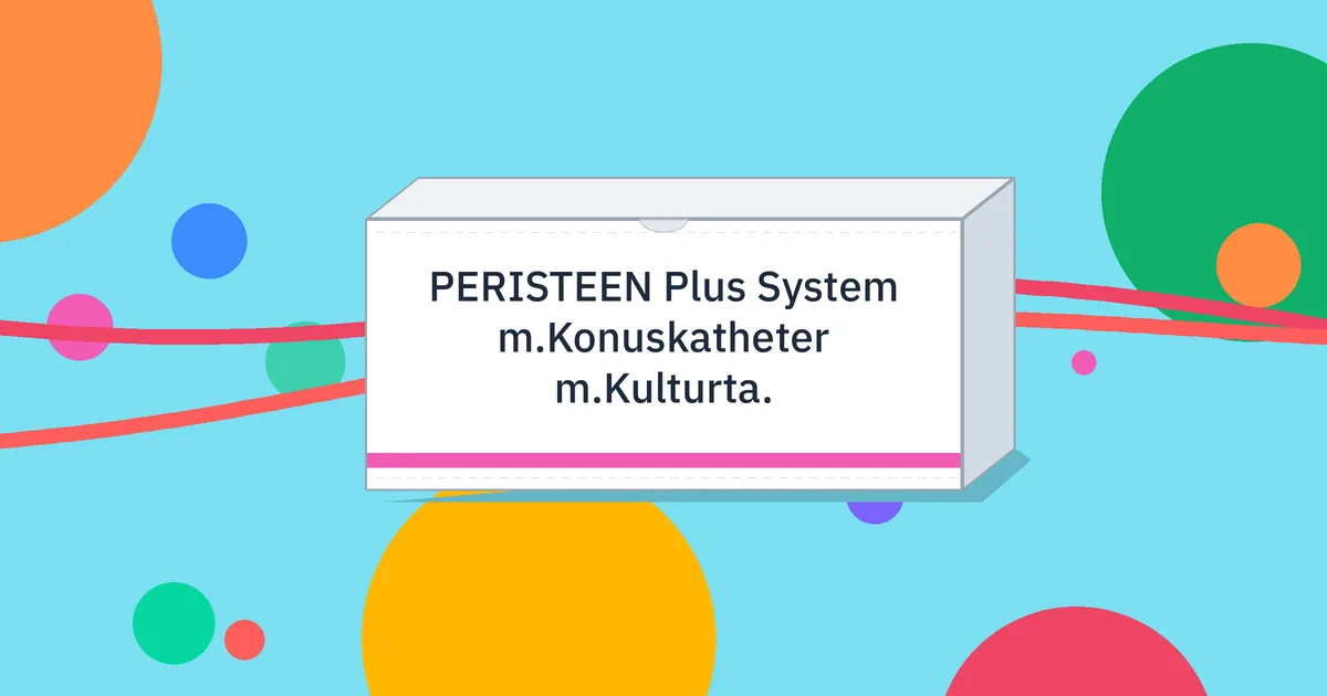 Symbolbild: Packung mit der Aufschrift PERISTEEN Plus System m.Konuskatheter m.Kulturta. (PZN 18473408) – Verfügbarkeit und Bezug in Apotheken in Frankfurt am Main