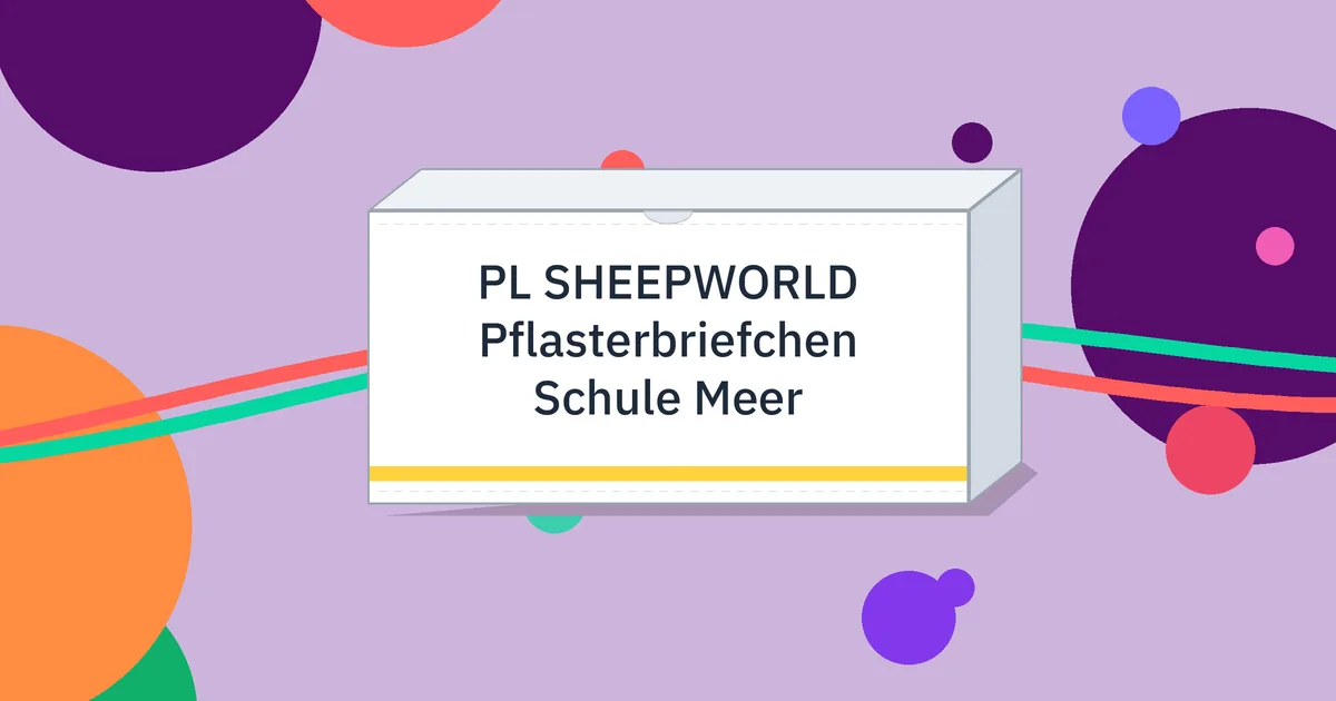Symbolbild: Packung mit der Aufschrift PL SHEEPWORLD Pflasterbriefchen Schule Meer (PZN 19743867) – Verfügbarkeit und Bezug in Apotheken in Frankfurt am Main