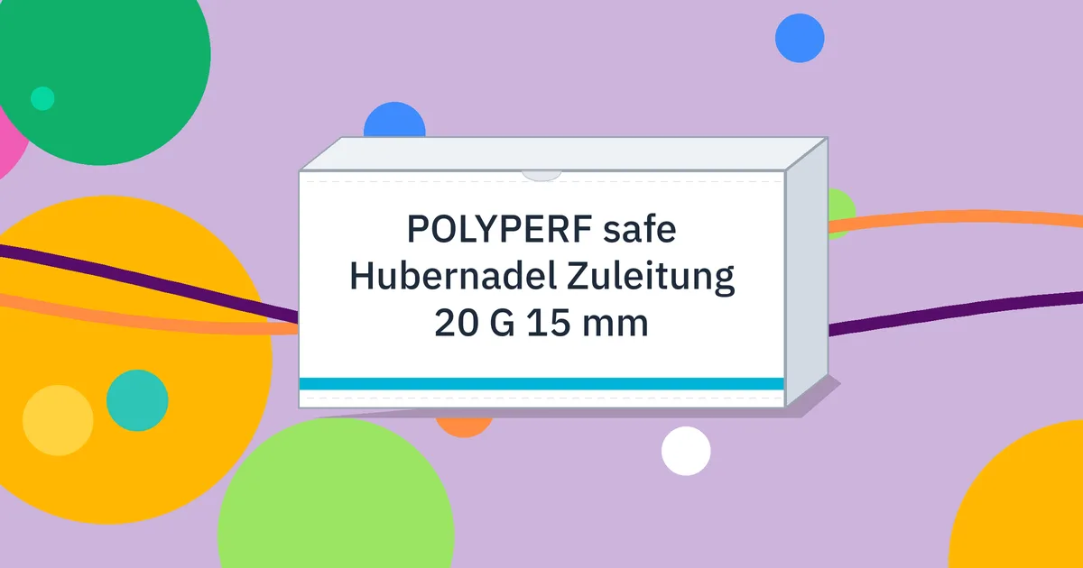 Symbolbild: Packung mit der Aufschrift POLYPERF safe Hubernadel Zuleitung 20 G 15 mm (PZN 12426224) – Verfügbarkeit und Bezug in Apotheken in Frankfurt am Main