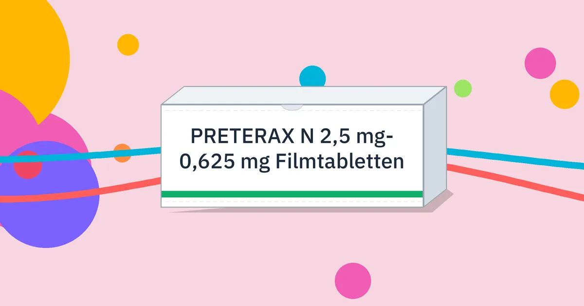 Symbolbild: Packung mit der Aufschrift PRETERAX N 2,5 mg-0,625 mg Filmtabletten (PZN 05396095) – Verfügbarkeit und Bezug in Apotheken in Frankfurt am Main