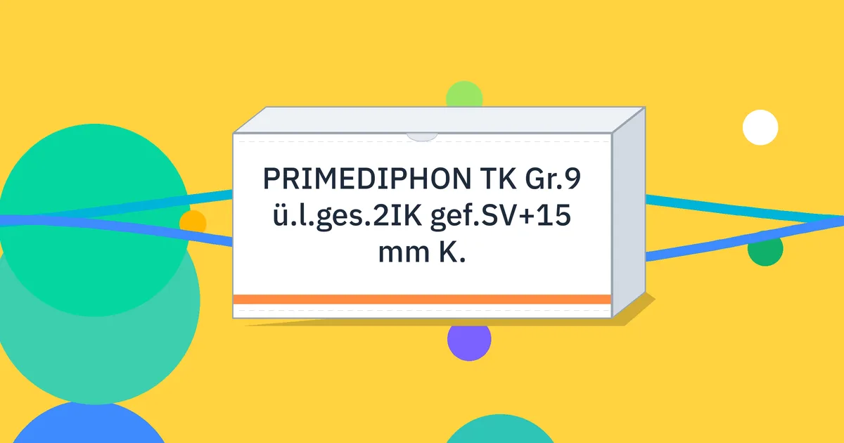 Symbolbild: Packung mit der Aufschrift PRIMEDIPHON TK Gr.9 ü.l.ges.2IK gef.SV+15 mm K. (PZN 11375861) – Verfügbarkeit und Bezug in Apotheken in Frankfurt am Main