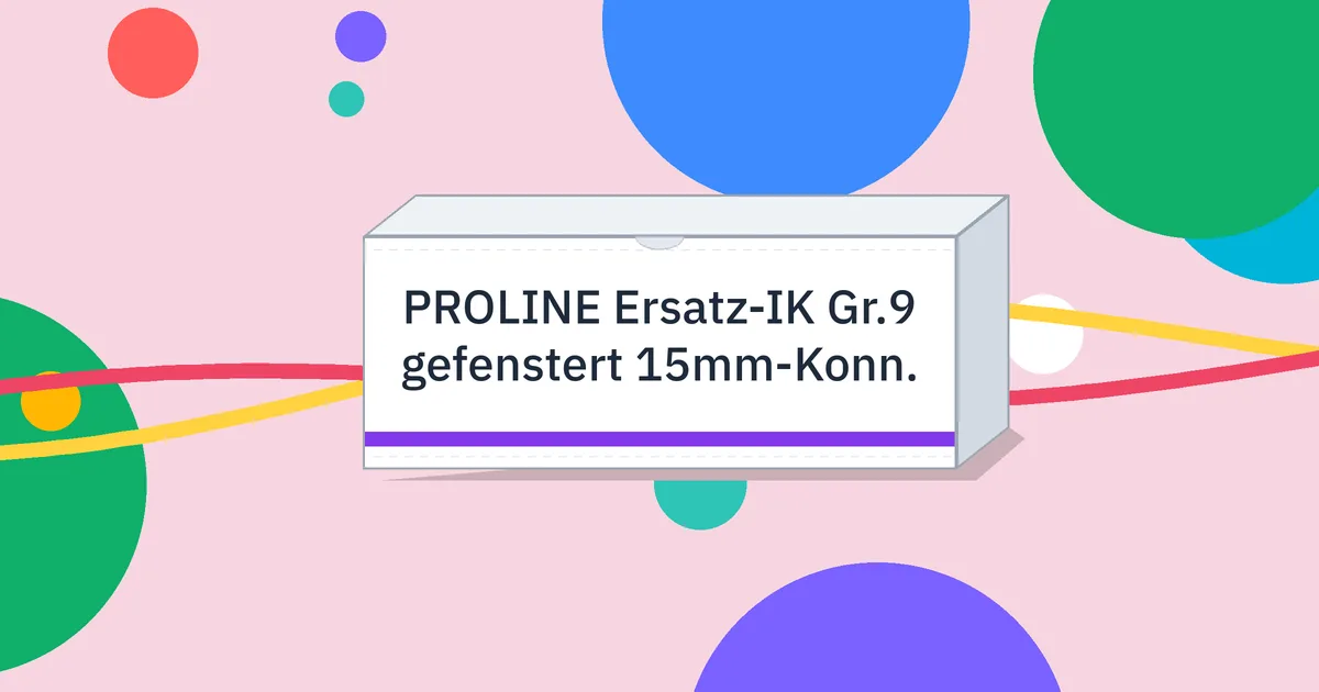 Symbolbild: Packung mit der Aufschrift PROLINE Ersatz-IK Gr.9 gefenstert 15mm-Konn. (PZN 16224196) – Verfügbarkeit und Bezug in Apotheken in Frankfurt am Main