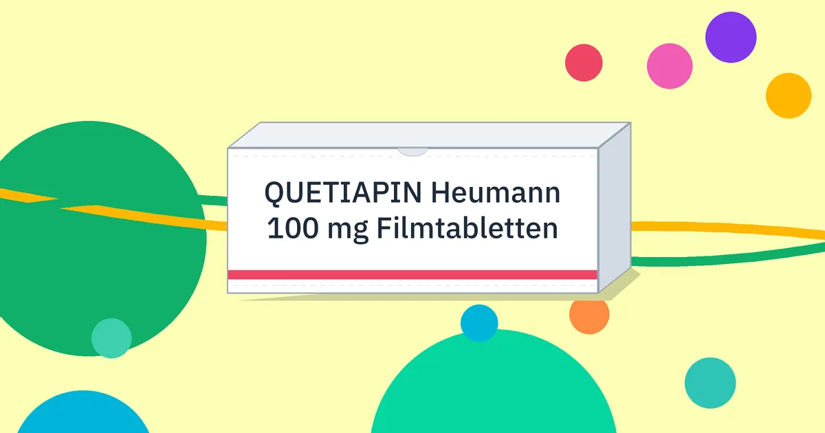 Symbolbild: Packung mit der Aufschrift QUETIAPIN Heumann 100 mg Filmtabletten (PZN 08850695) – Verfügbarkeit und Bezug in Apotheken in Frankfurt am Main