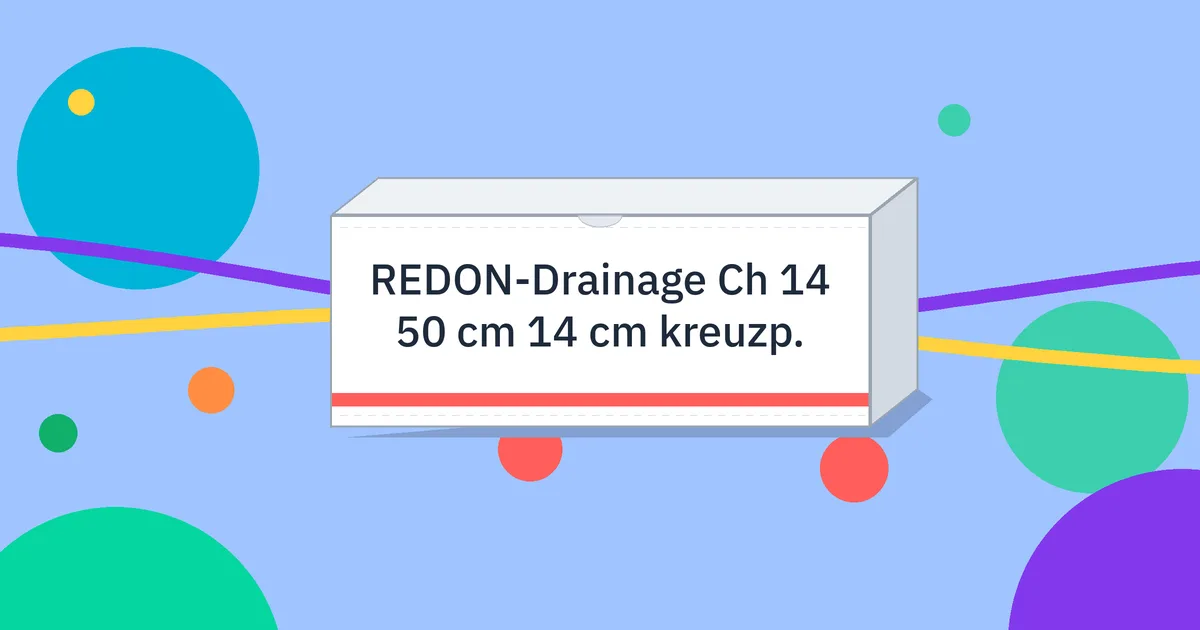 Symbolbild: Packung mit der Aufschrift REDON-Drainage Ch 14 50 cm 14 cm kreuzp. (PZN 17483853) – Verfügbarkeit und Bezug in Apotheken in Frankfurt am Main