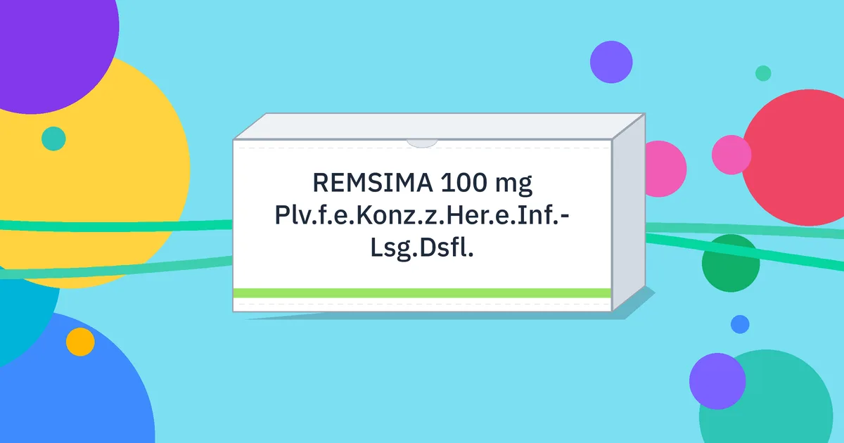 Symbolbild: Packung mit der Aufschrift REMSIMA 100 mg Plv.f.e.Konz.z.Her.e.Inf.-Lsg.Dsfl. (PZN 11144297) – Verfügbarkeit und Bezug in Apotheken in Frankfurt am Main