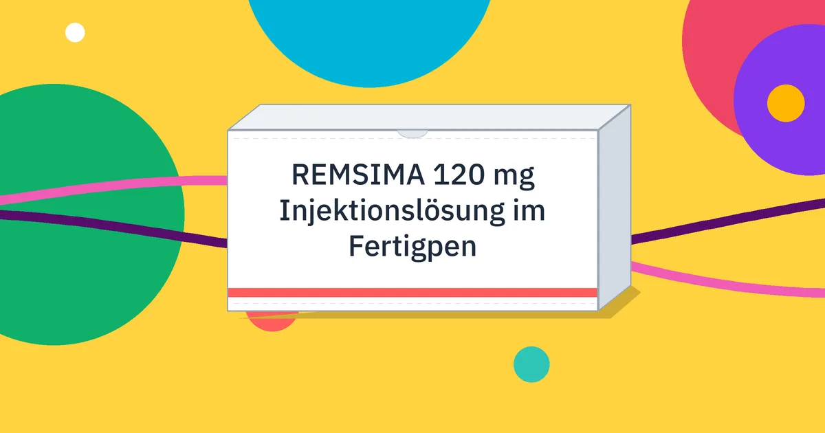Symbolbild: Packung mit der Aufschrift REMSIMA 120 mg Injektionslösung im Fertigpen (PZN 17446272) – Verfügbarkeit und Bezug in Apotheken in Frankfurt am Main