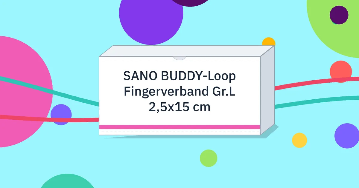 Symbolbild: Packung mit der Aufschrift SANO BUDDY-Loop Fingerverband Gr.L 2,5x15 cm (PZN 13159506) – Verfügbarkeit und Bezug in Apotheken in Frankfurt am Main